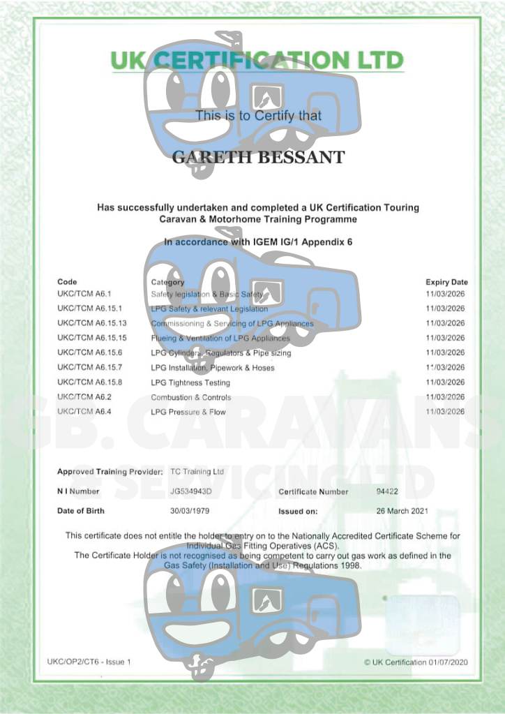 QUALIFICATIONS – GB Caravans and Servicing